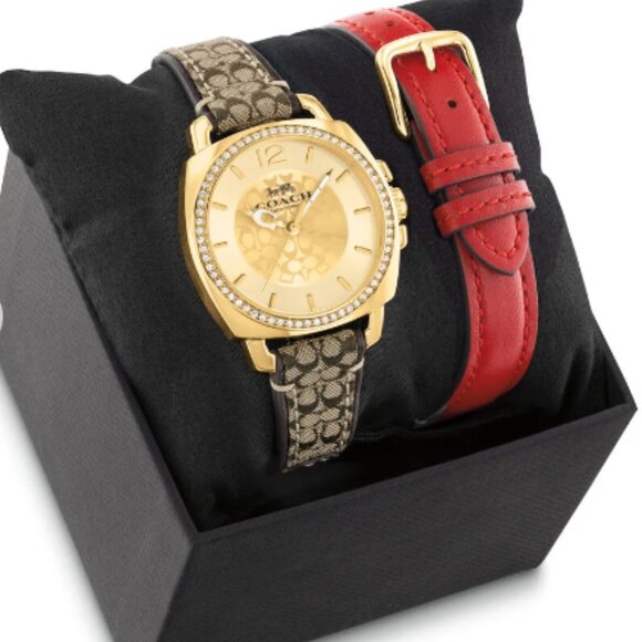 Coach | Accessories | Coach 400091 Boyfriend Gold Tone Dial Brownred ...